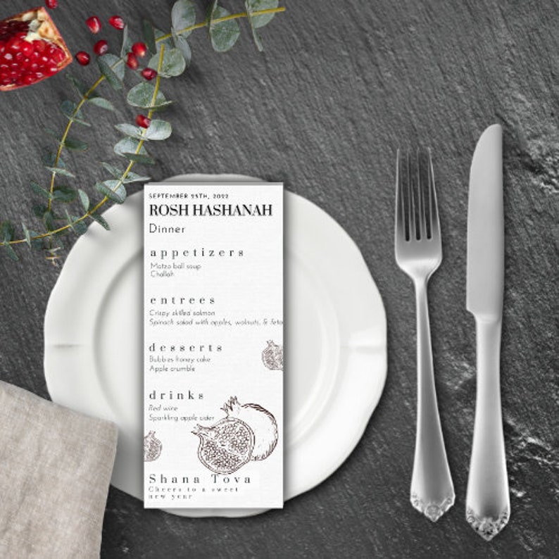 Rosh Hashanah Pomegranate Menu Template. Jewish High Holiday Menu ...