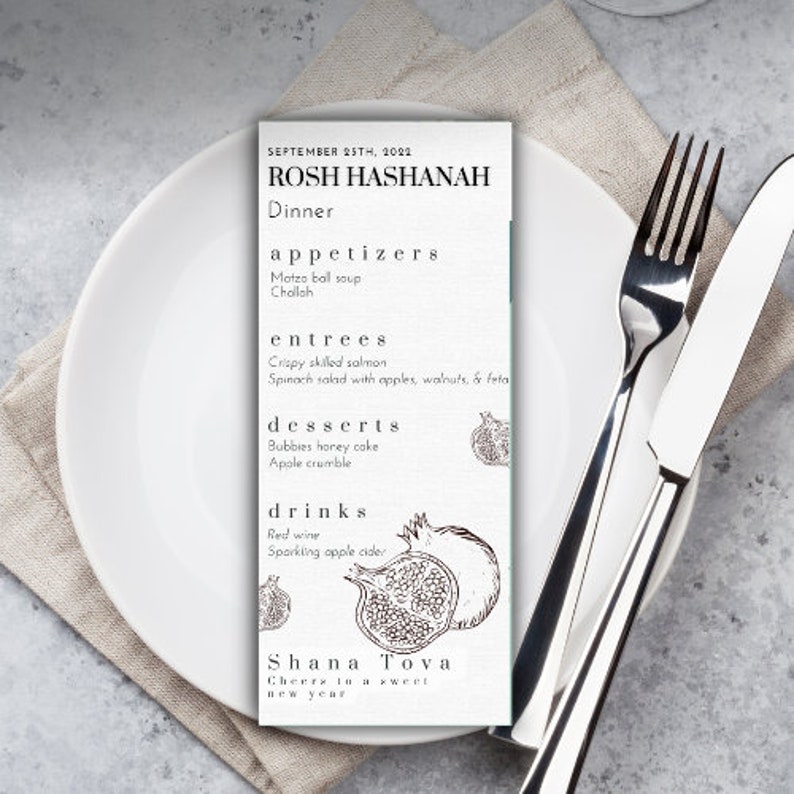 Rosh Hashanah Pomegranate Menu Template. Jewish High Holiday Menu ...