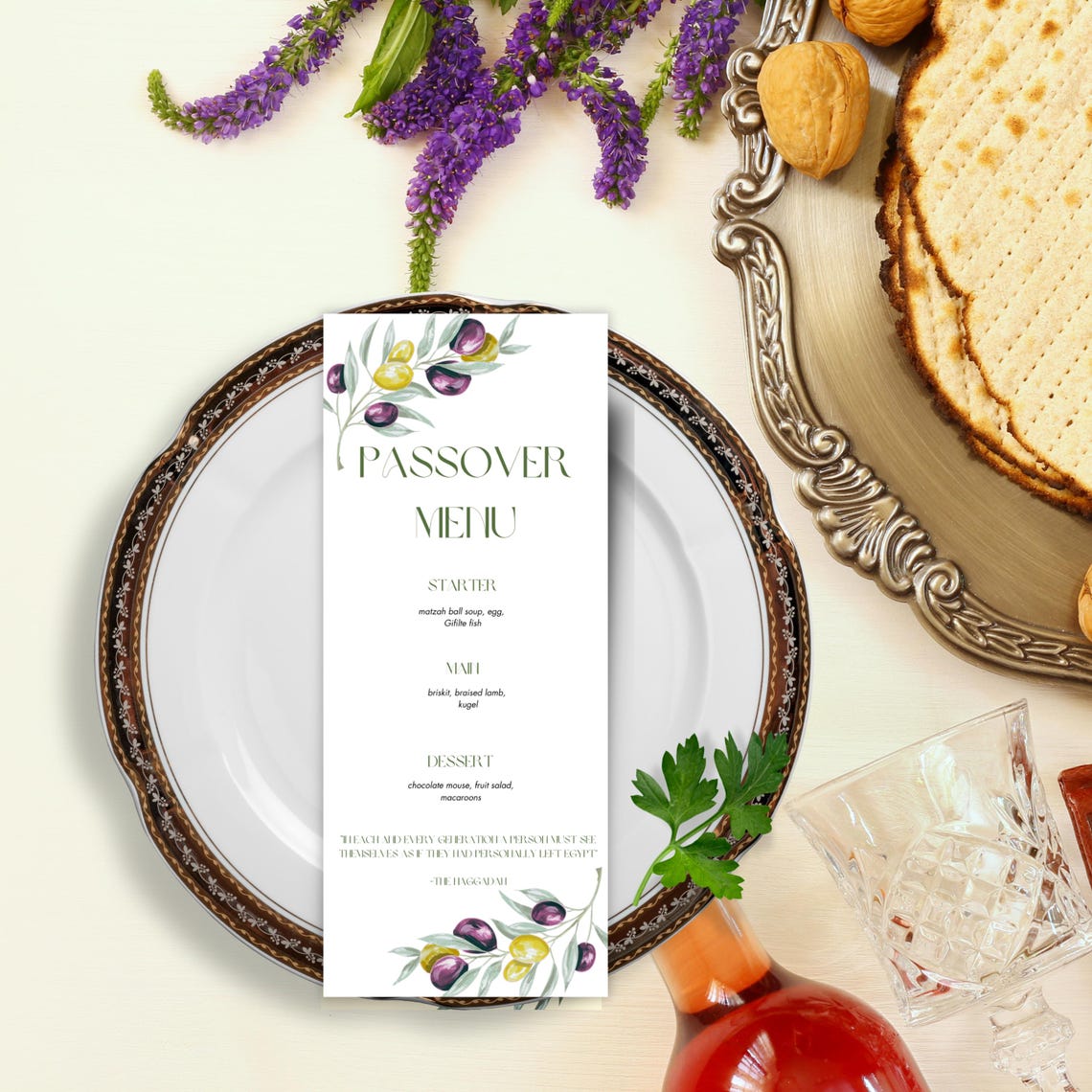 Printable Passover Seder Menu Template, Olive Branch Passover Dinner ...