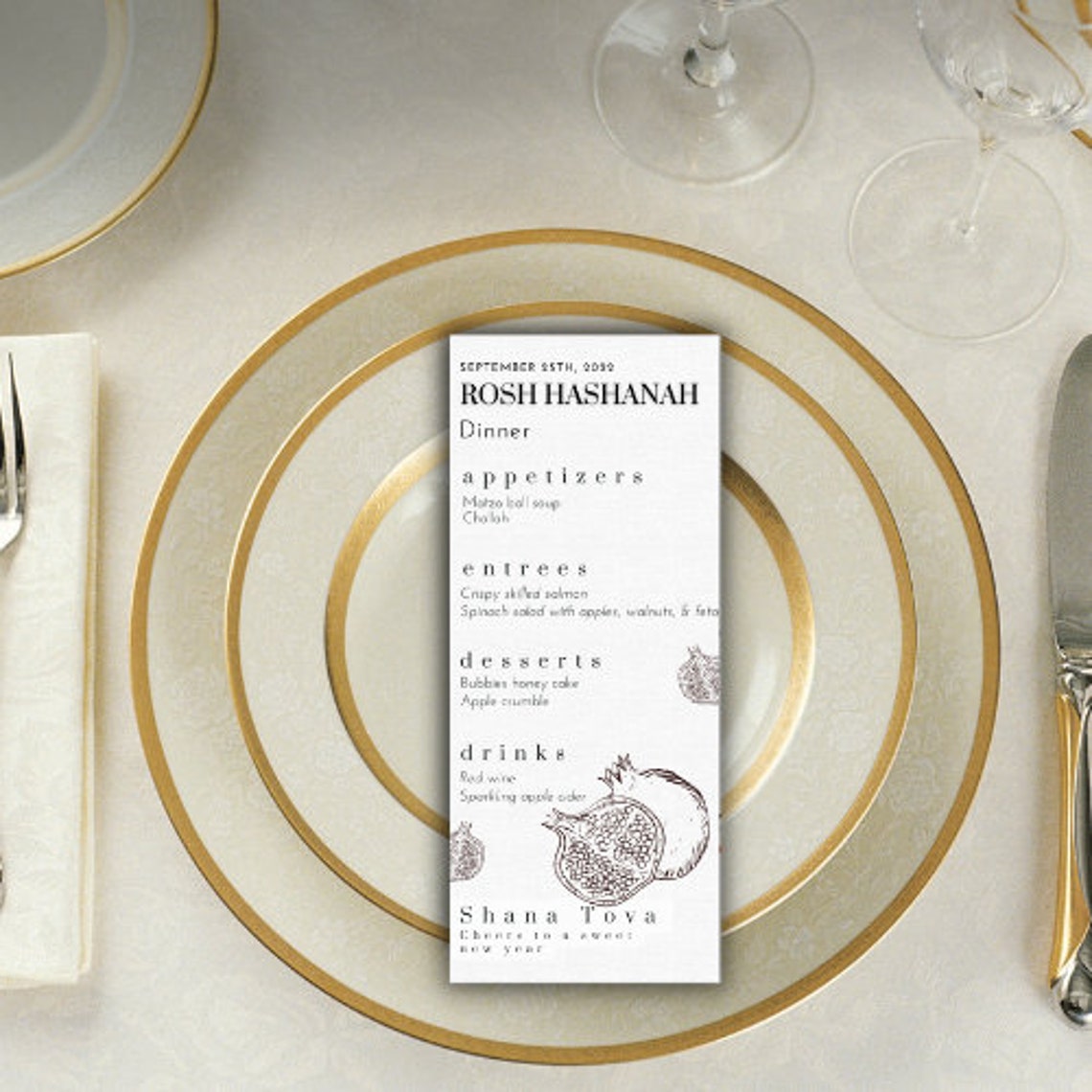 Rosh Hashanah Pomegranate Menu Template. Jewish High Holiday Menu ...