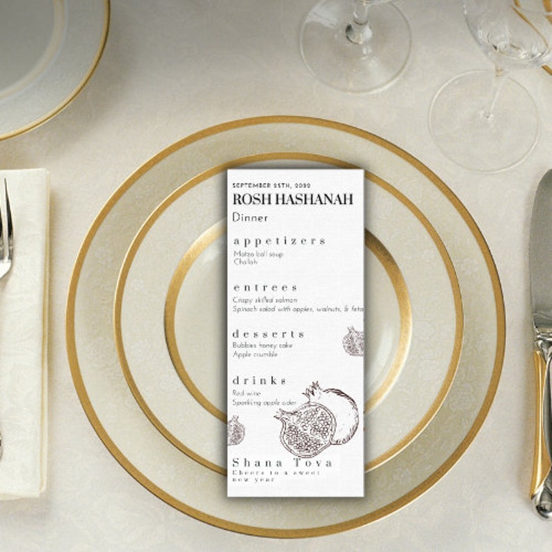 Rosh Hashanah Pomegranate Menu Template. Jewish High Holiday Menu ...