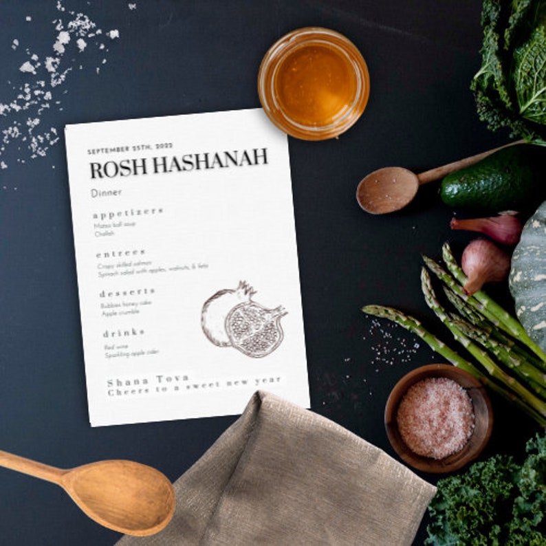 Rosh Hashanah Pomegranate Menu Template. Jewish High Holiday Menu ...