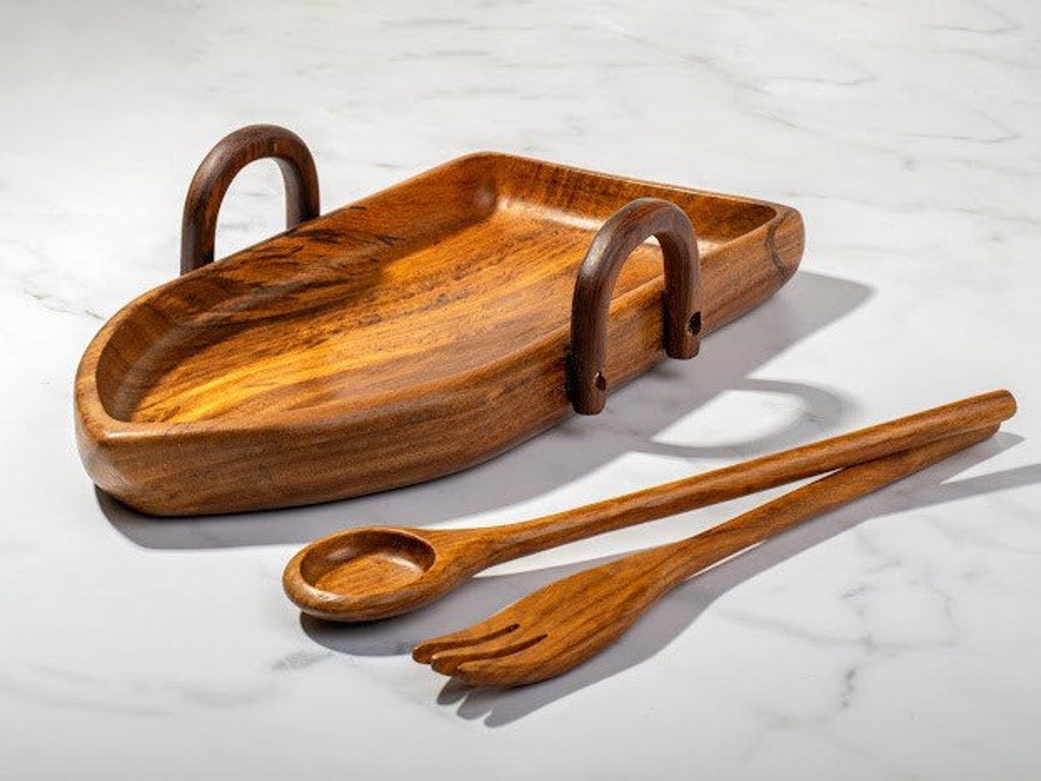 Handmade Rowboat Serving Bowl With 2 Pair of Wood Serving Utensils ...