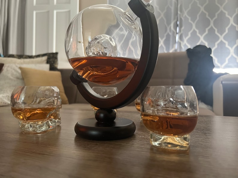 Skull Globe Whiskey Decanter Set, 4 Skull Shot Glasses, Halloween ...