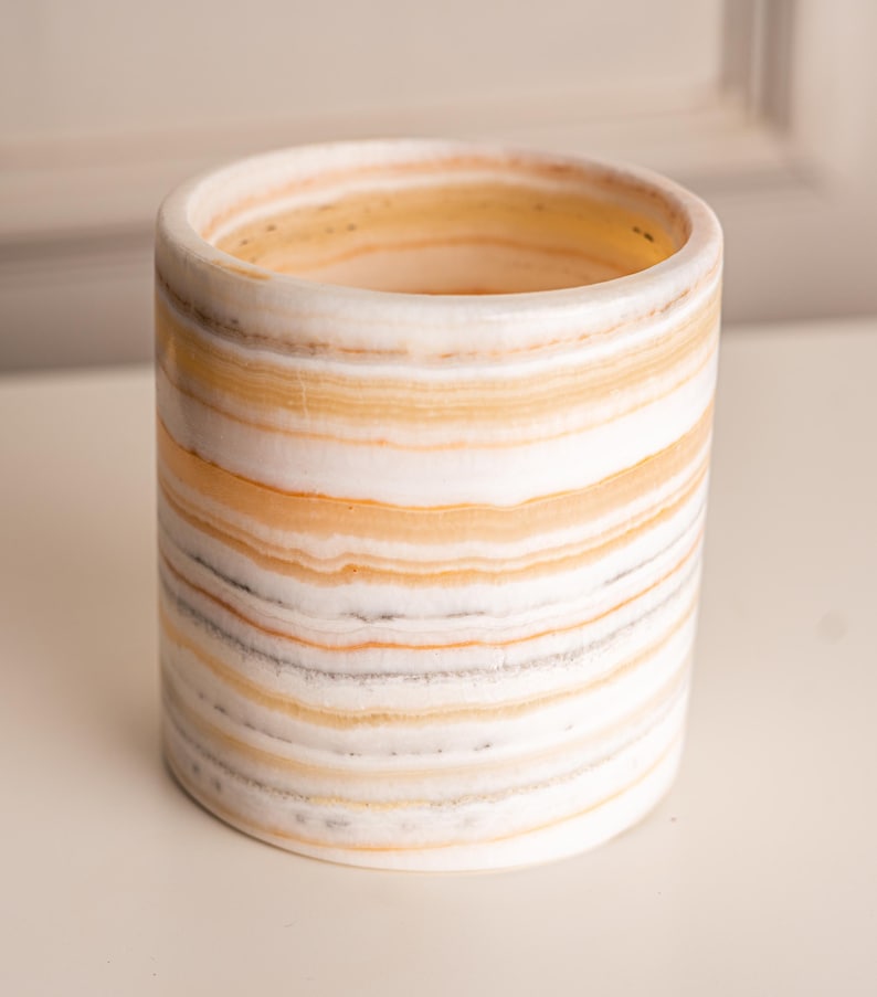 Egyptian Alabaster Tea Light Holder - Striped Stone Candle Lantern, 8cm ...