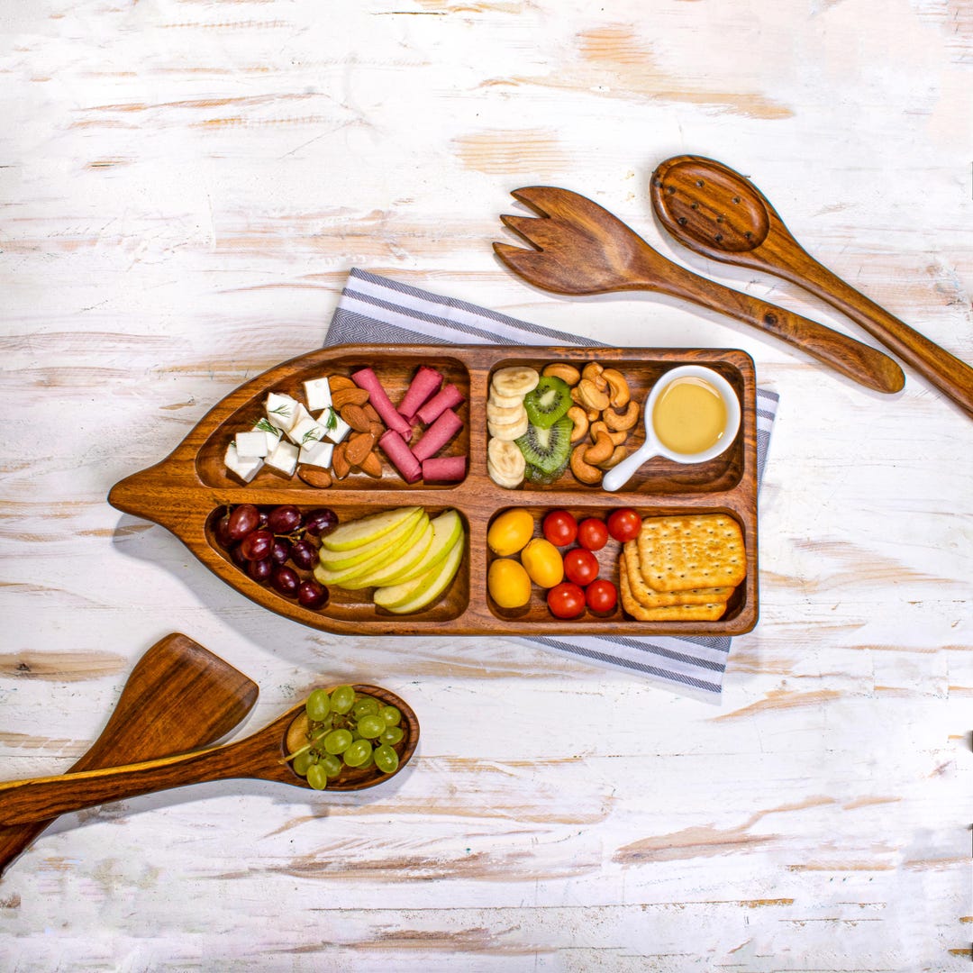 Handmade Egyptian Rowboat Serving Bowl With 2 Pair of Wood Serving ...