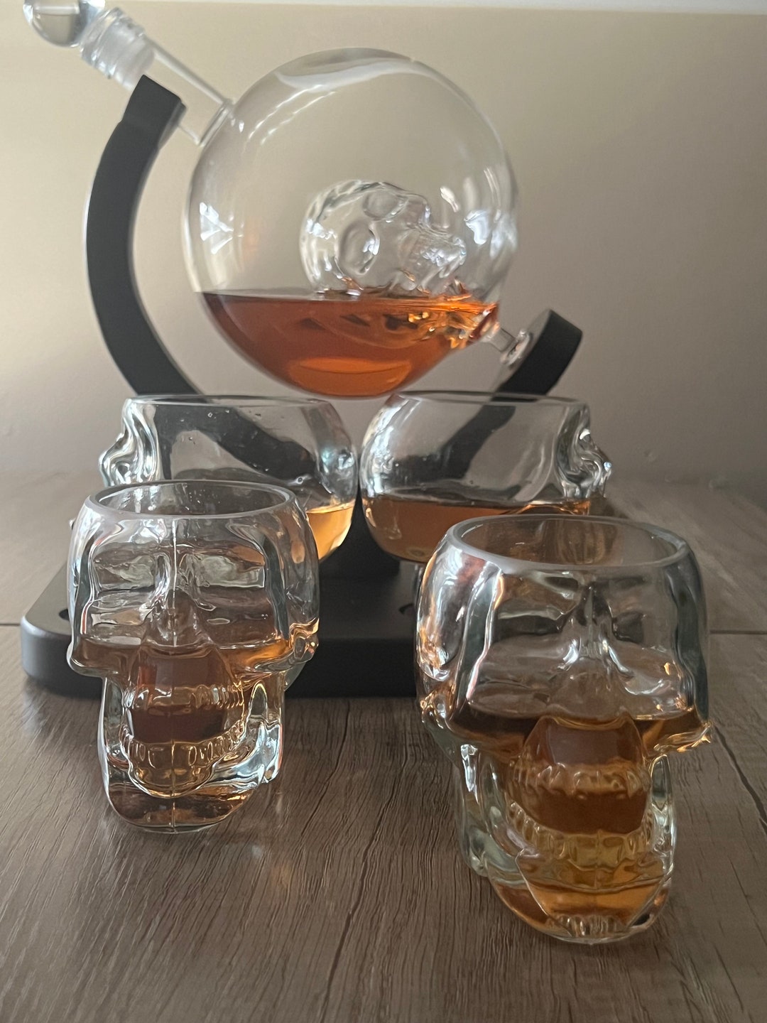 Skull Globe Whiskey Decanter Set, 4 Skull Shot Glasses, Halloween ...