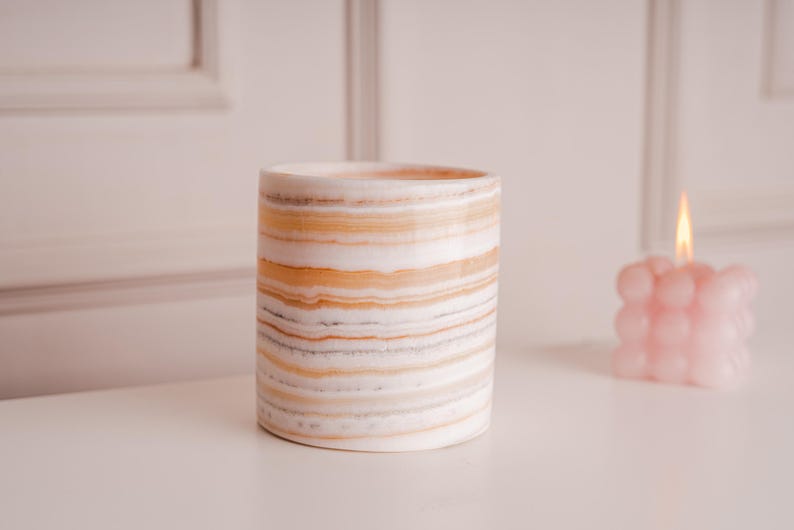 Egyptian Alabaster Tea Light Holder - Striped Stone Candle Lantern, 8cm ...