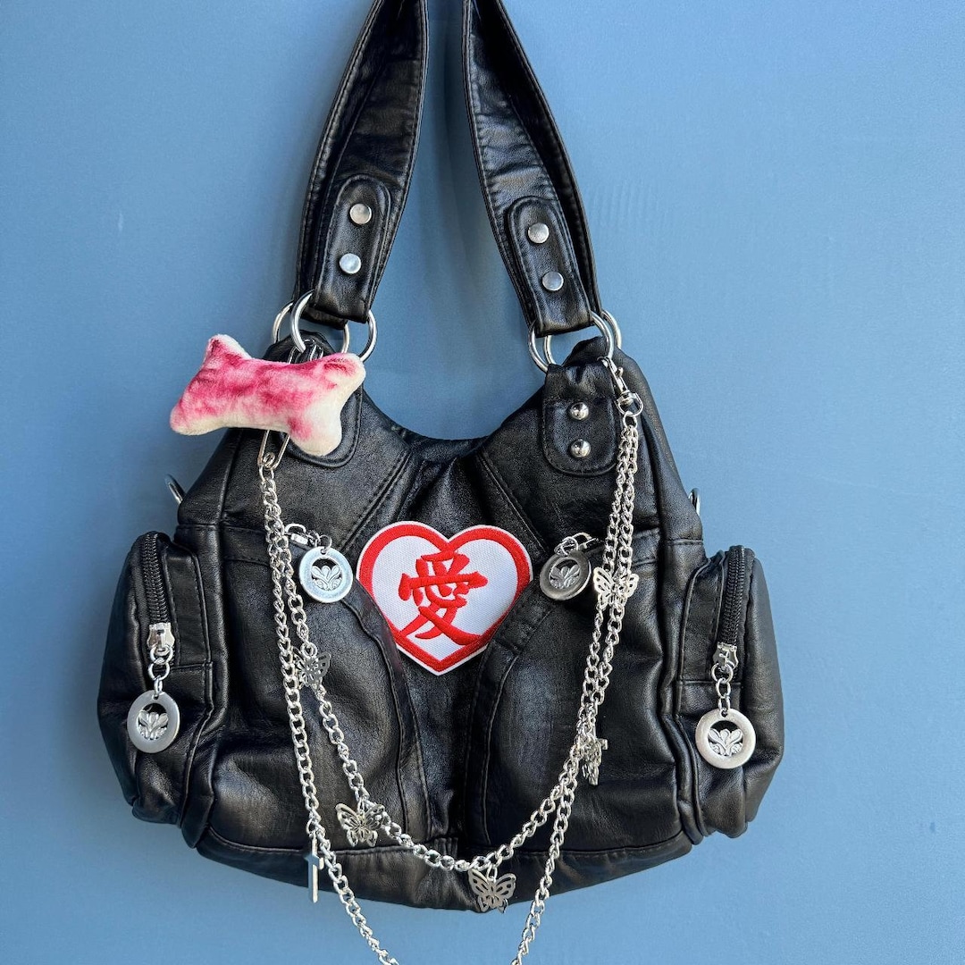 Patch Design Y2k Black Shoulder Bag With Strap,punk Tote Bag,trendy ...
