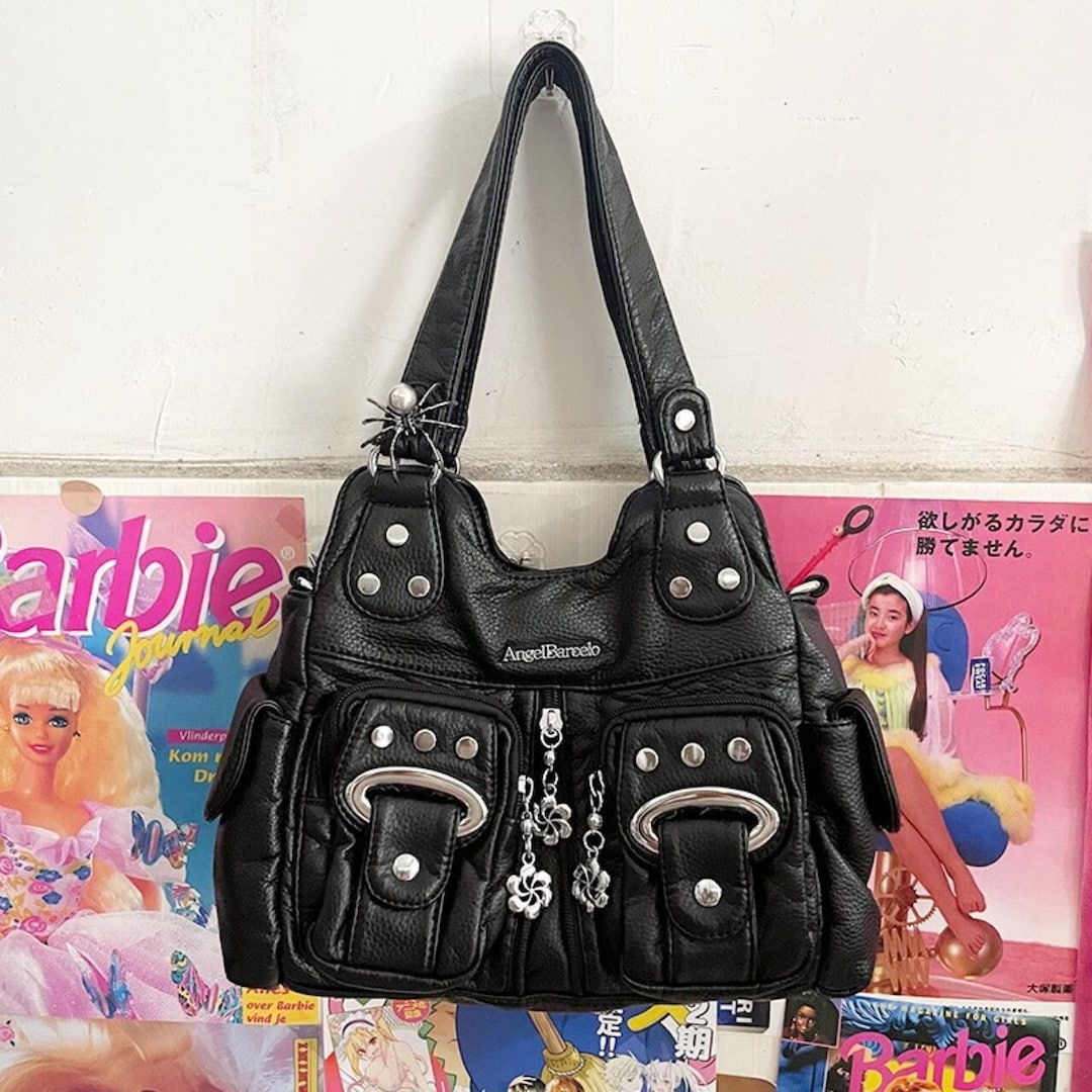 Y2k Black Shoulder Bag With Strap and Little Spider,punk Tote Bag ...