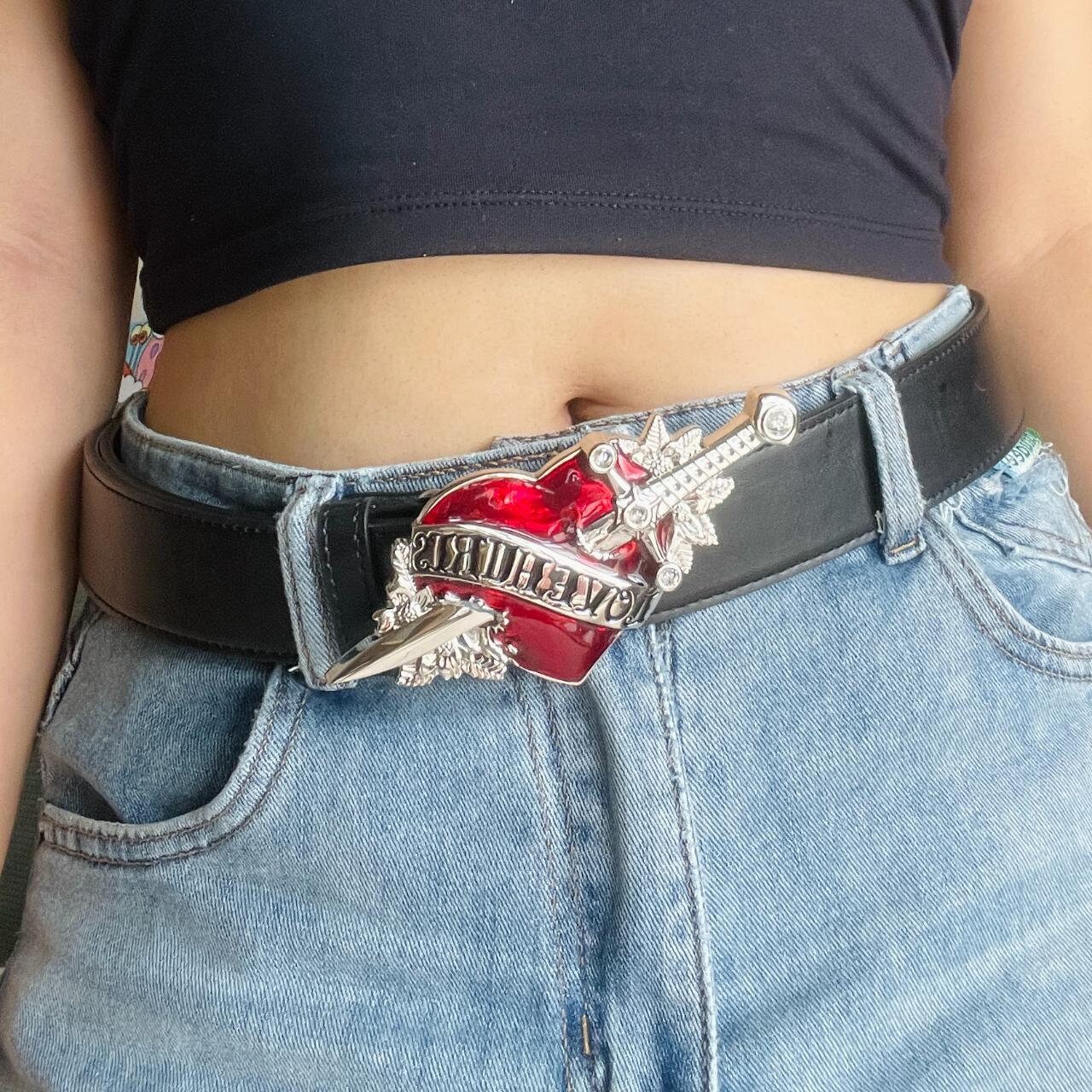 Y2K Streetwear Belt, Punk Belt,y2k Punk Red Love Heart Leather Belt,hip ...