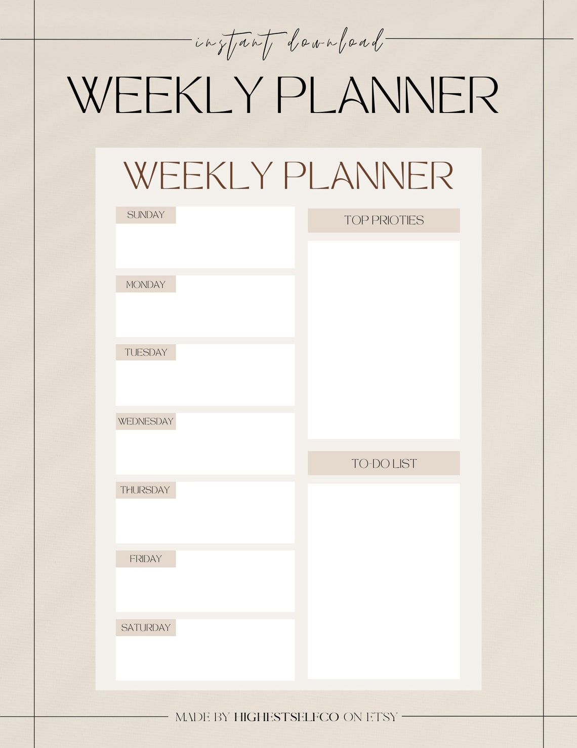 Weekly Planner Printable Minimal, Week at Glance, 2022 Planner, Weekly ...