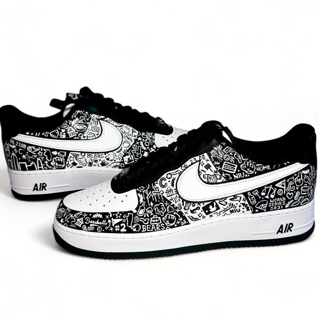 Hand Painted Black and White Doodle Shoes, Nike, Air Force Ones - Etsy