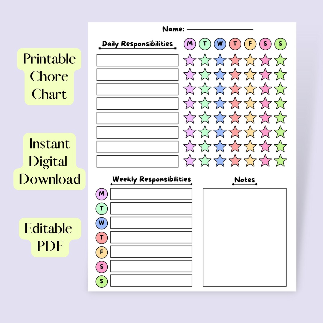 Chore Chart for Kids Printable Daily Weekly Chore Chart for - Etsy Finland