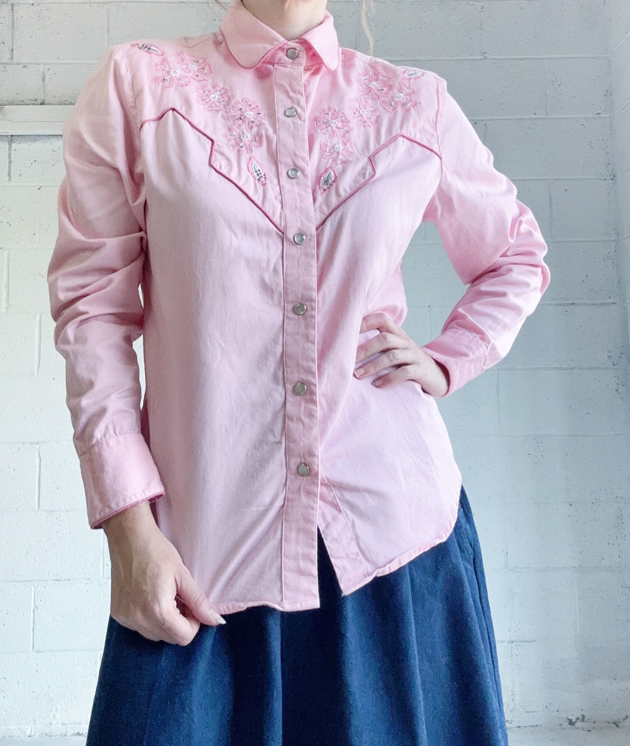 Vintage Pink Western Shirt Rhinestone Cowgirl Pink Barbie Core Floral ...