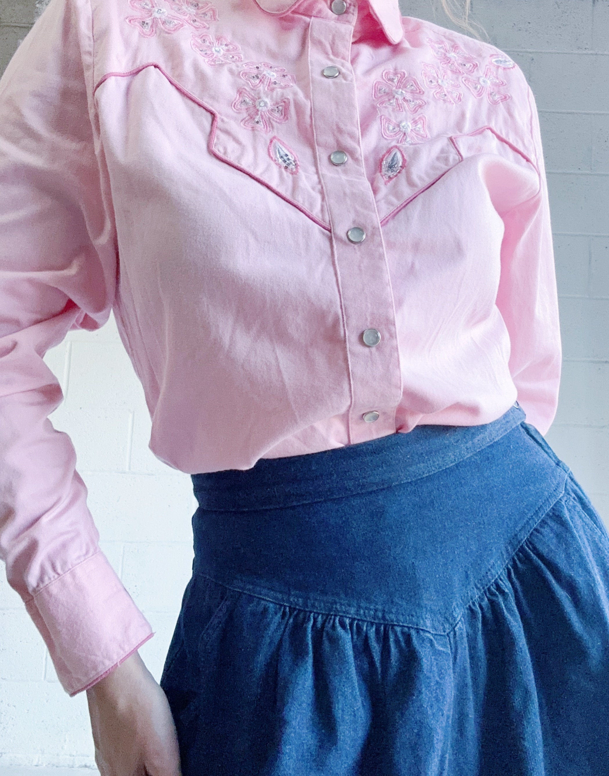 Vintage Pink Western Shirt Rhinestone Cowgirl Pink Barbie Core Floral ...