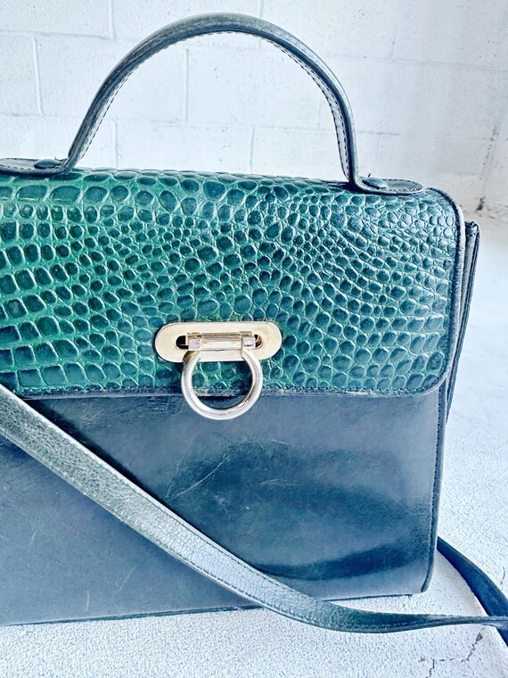 Vintage 70s Green Alligator Leather Shoulder Bag Purse - Gem