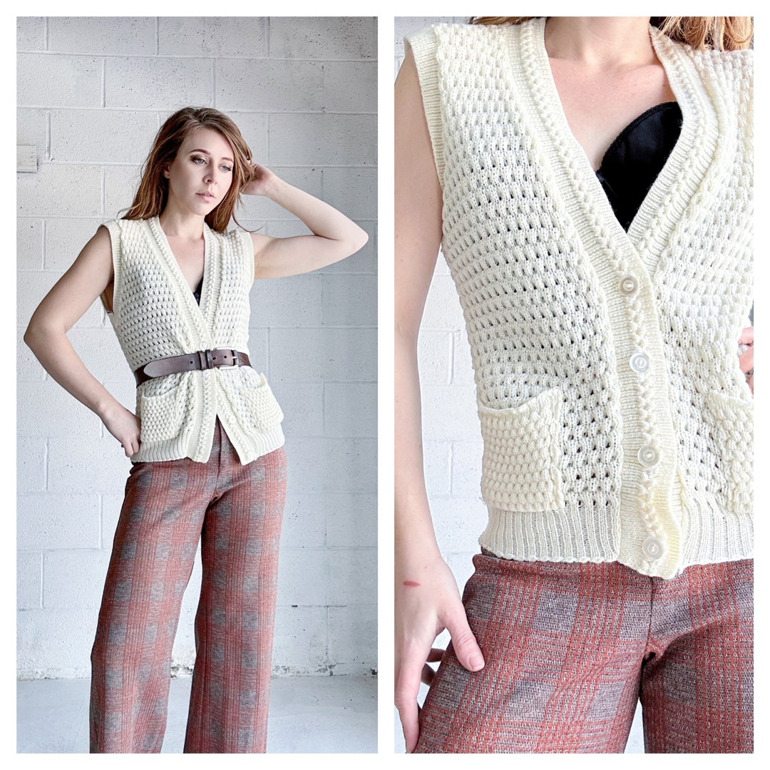 Vintage 70s Sweater Vest Button up Hand Knit Cream Vest Size: Medium - Etsy