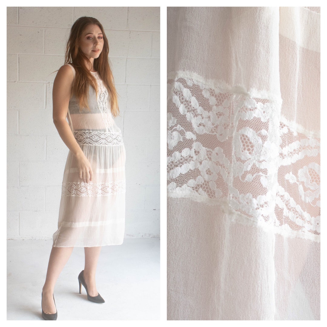 Vintage 1920 Flapper Wedding Dress Silk Chiffon Sheer White Cocktail ...