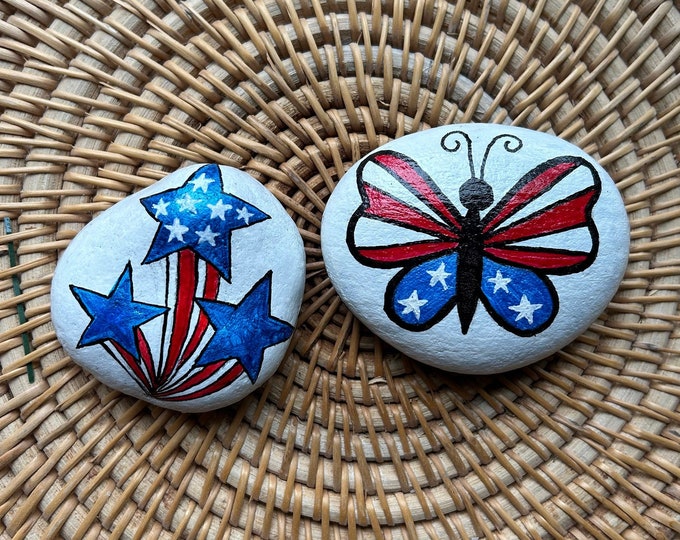 Set of 2 Patriotic Hand Painted Rocks, 4th of July Rocks, Red White and ...