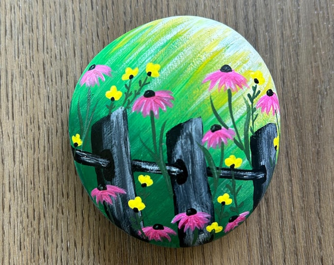 Pink and Yellow Floral Rock, Hand Painted Garden Rock, Coneflower ...