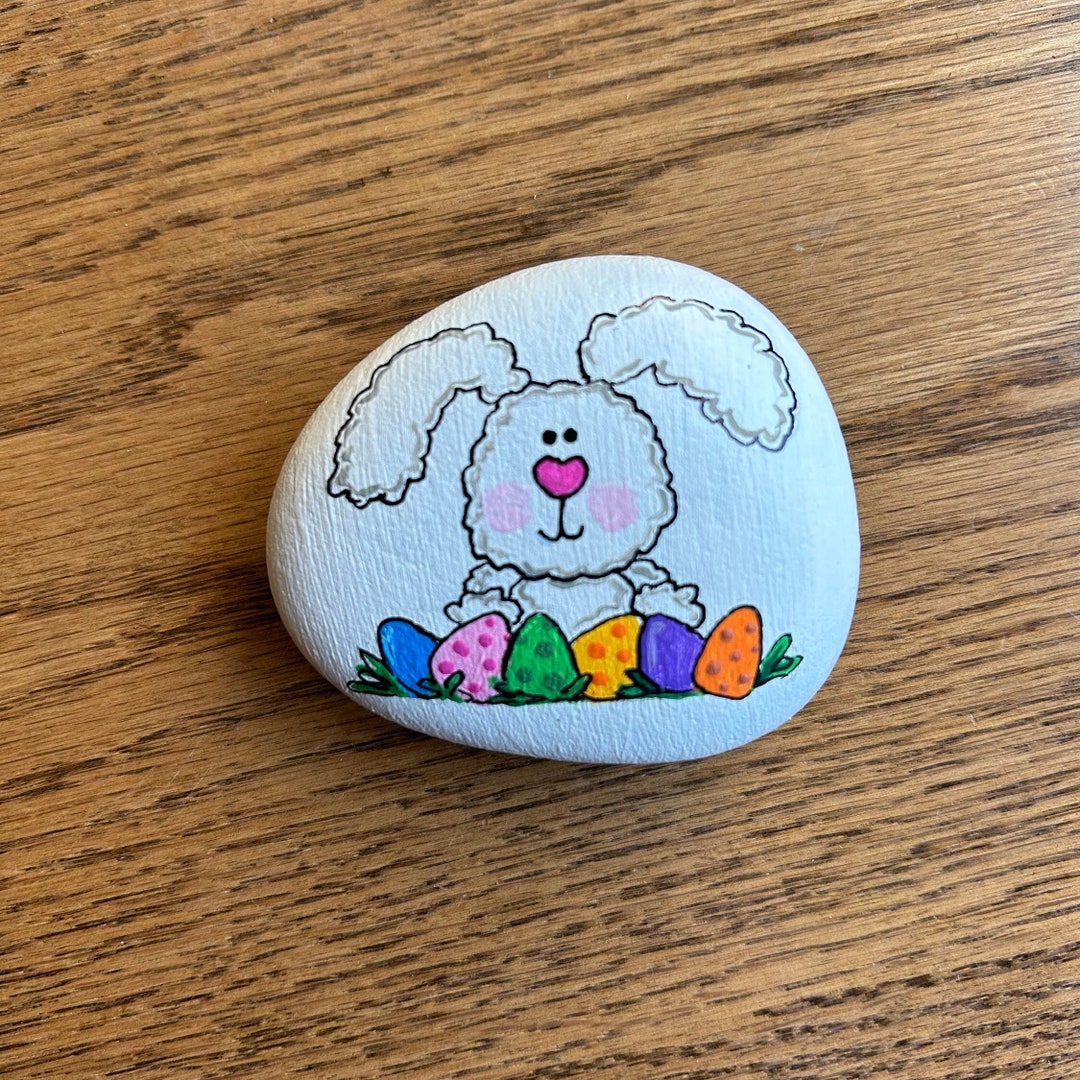 Bunny Painted Rock, Easter Bunny Hand Painted Rock, Bunny With Eggs ...