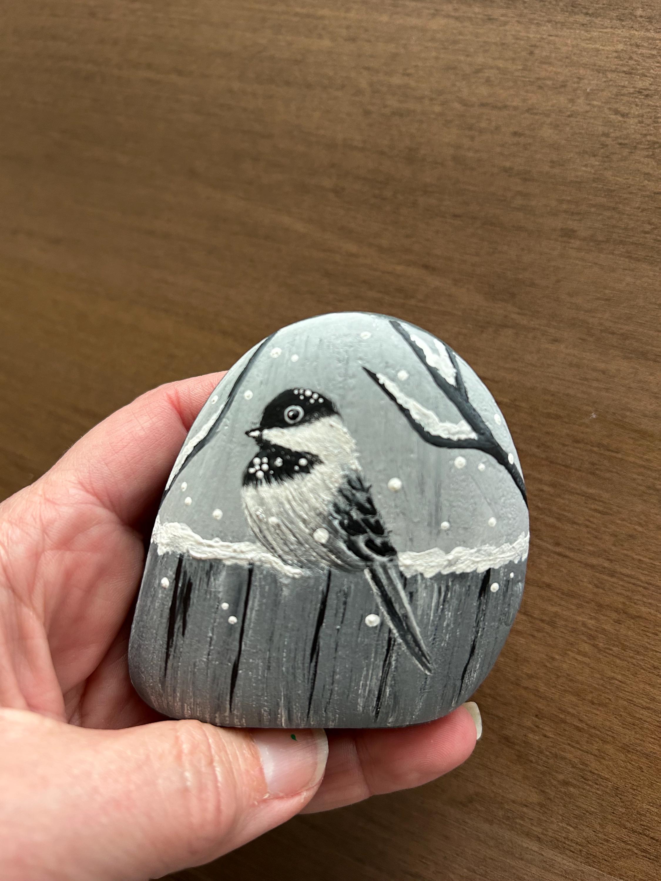 Bird in Snow Hand Painted Rock, Bird in Snow Rock, Rock Art, Black and ...