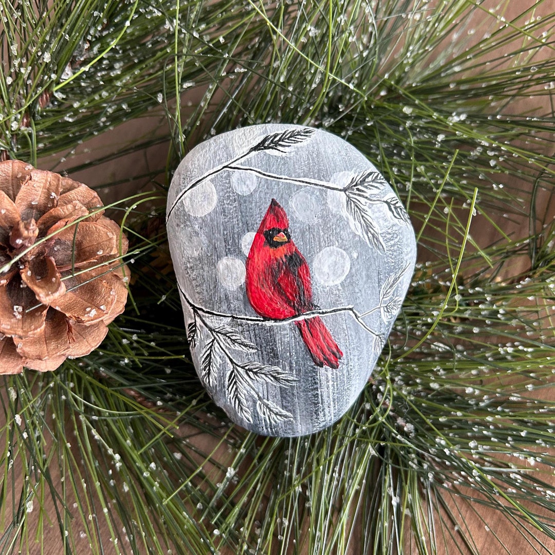 Cardinal on a Branch, Hand Painted Cardinal Rock, Cardinal on Snowy ...