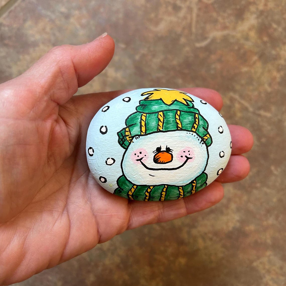 Snowman Painted Rock, Hand Painted Snowman, Green and Yellow Hat, Loves ...