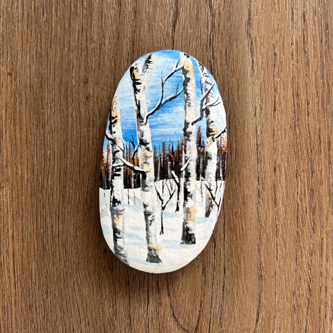 Birch Bark Painted Rock, Hand Painted Birch Trees, Birch Tree Scenery ...