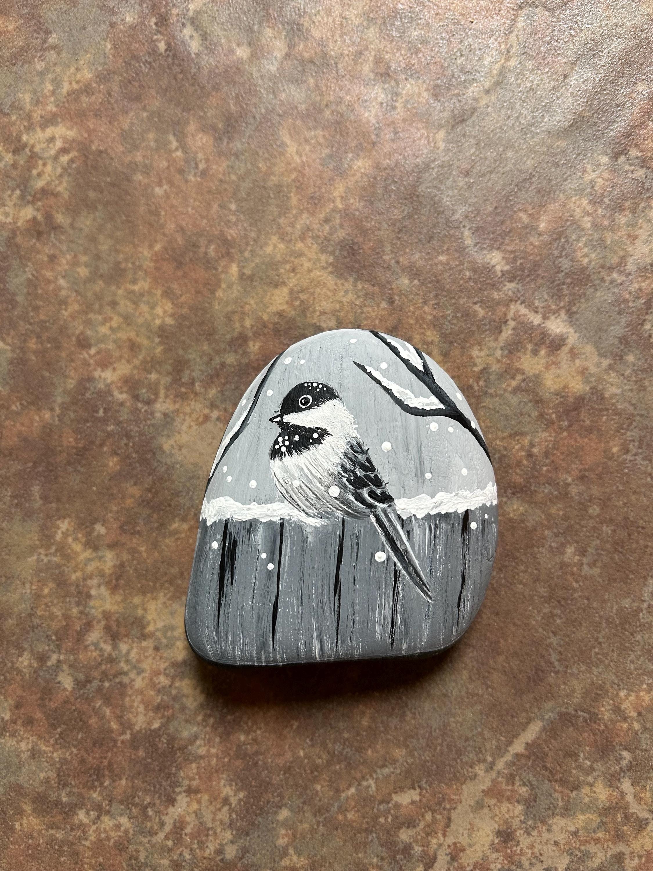 Bird in Snow Hand Painted Rock, Bird in Snow Rock, Rock Art, Black and ...