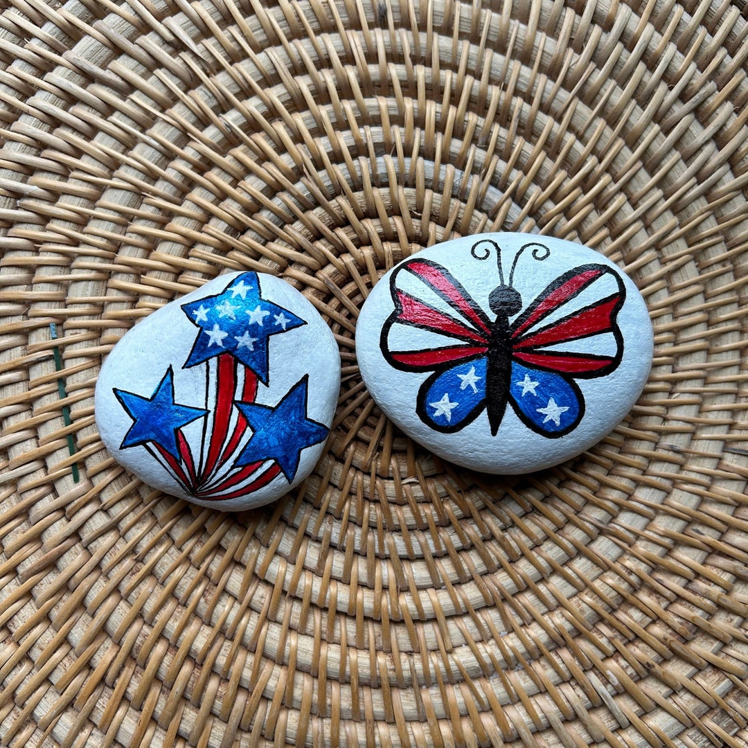 Set of 2 Patriotic Hand Painted Rocks, 4th of July Rocks, Red White and ...