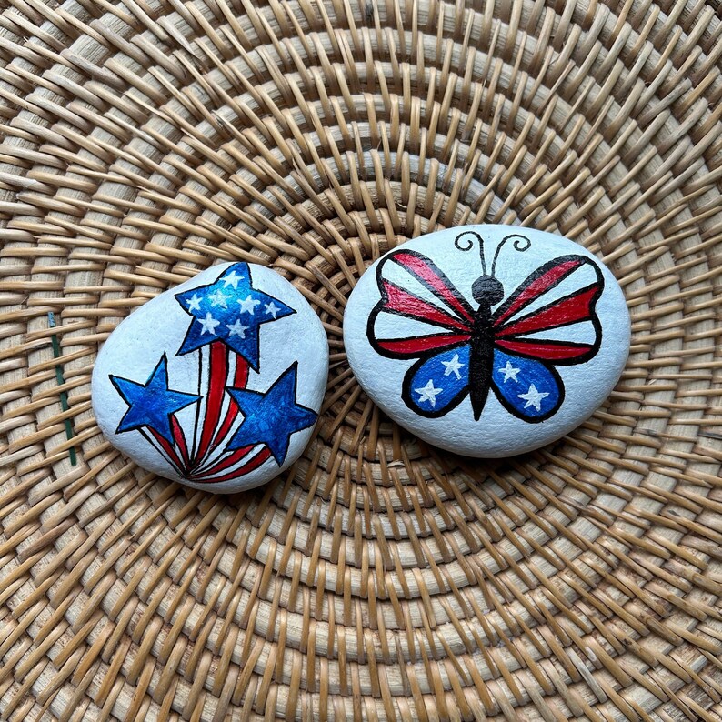 Set of 2 Patriotic Hand Painted Rocks, 4th of July Rocks, Red White and ...