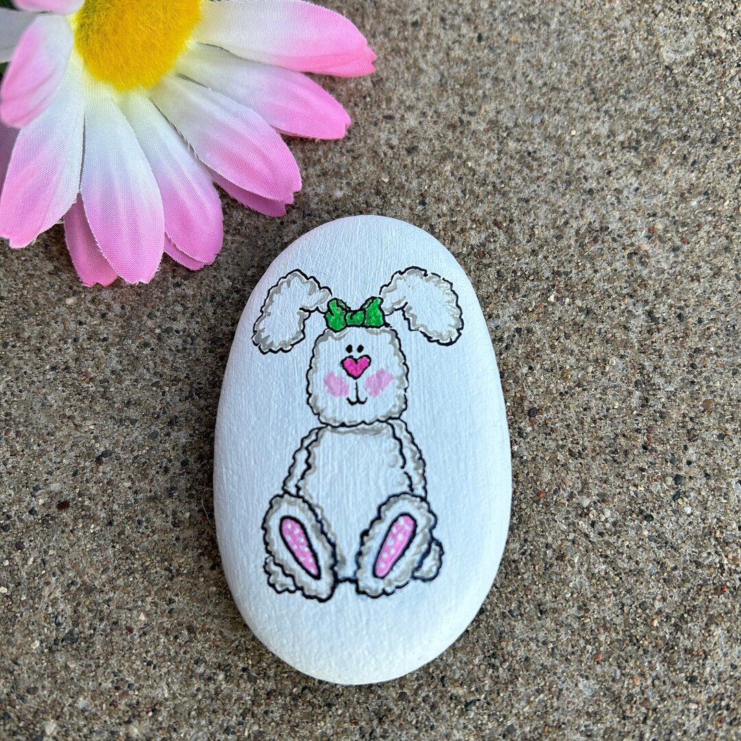 Bunny Painted Rock, Easter Bunny Hand Painted Rock, Bunny With Bow ...