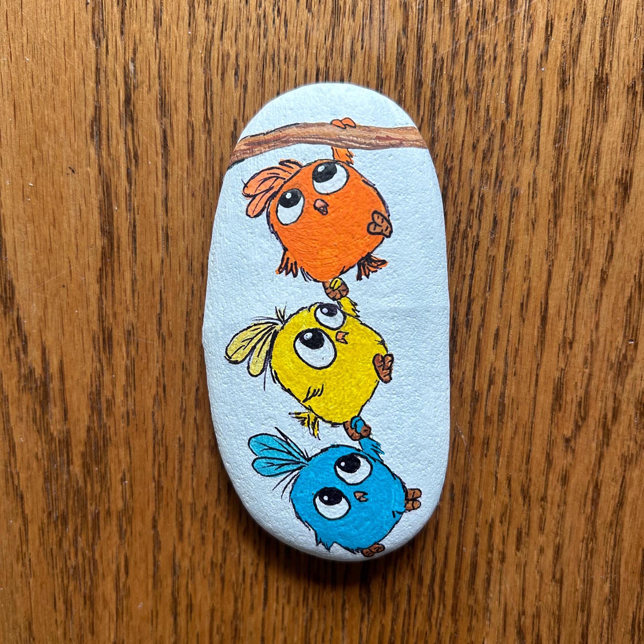 Three Hand Painted Birds, Cute Painted Rock, Colorful Painted Stone ...