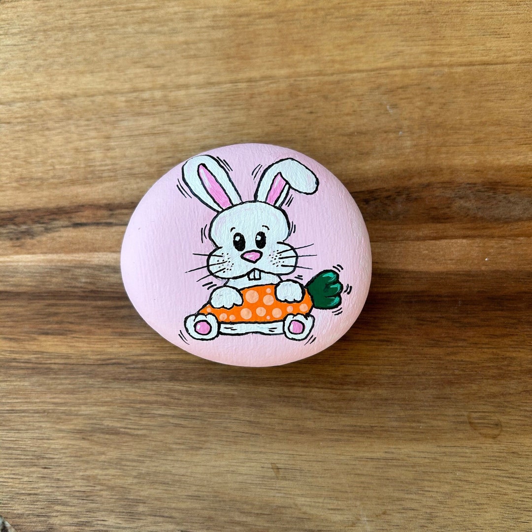 Bunny Painted Rock, Easter Bunny Hand Painted Rock, Bunny With Carrot ...