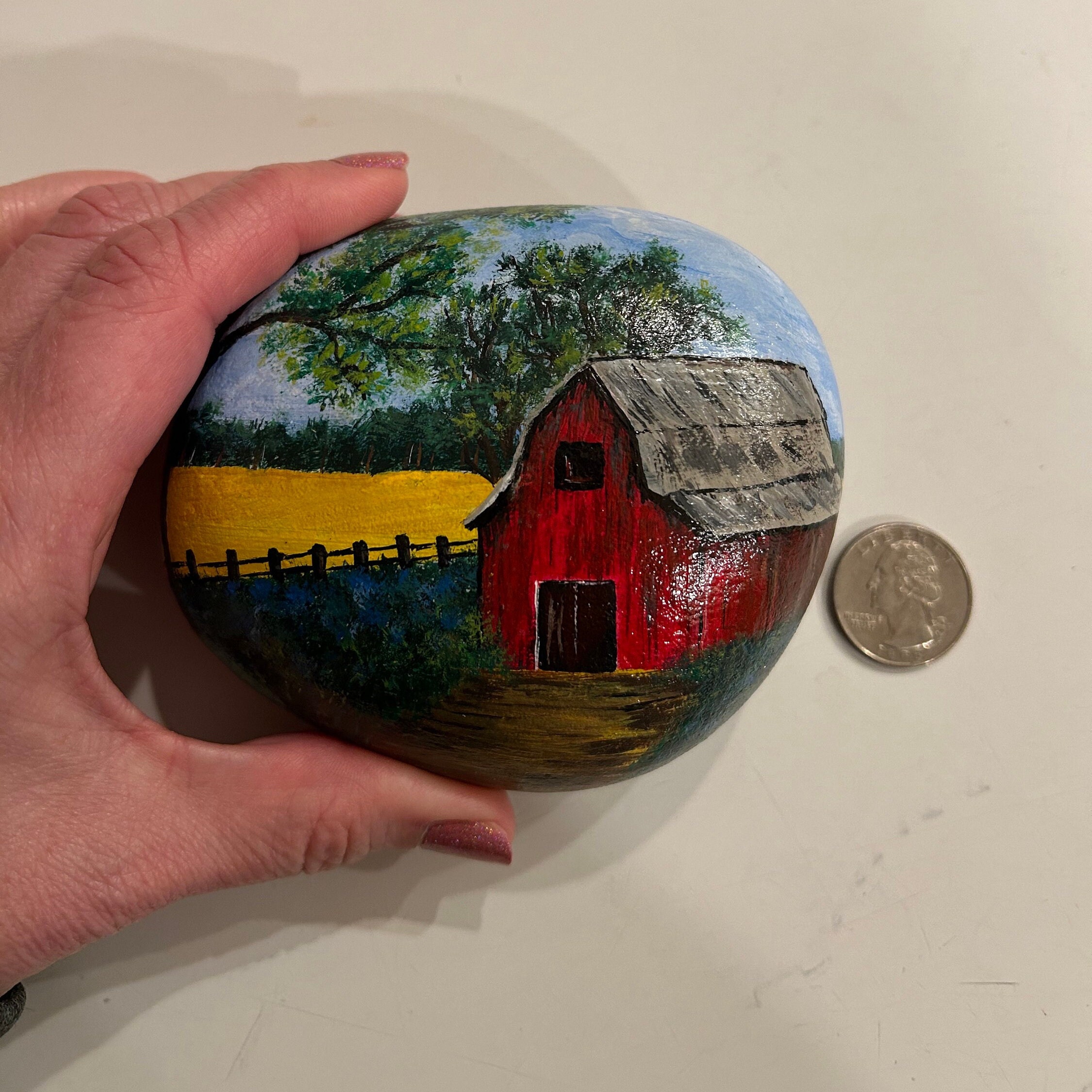 Country Landscape Painted Rock, Red Barn Painting, Door Stop, Painted ...