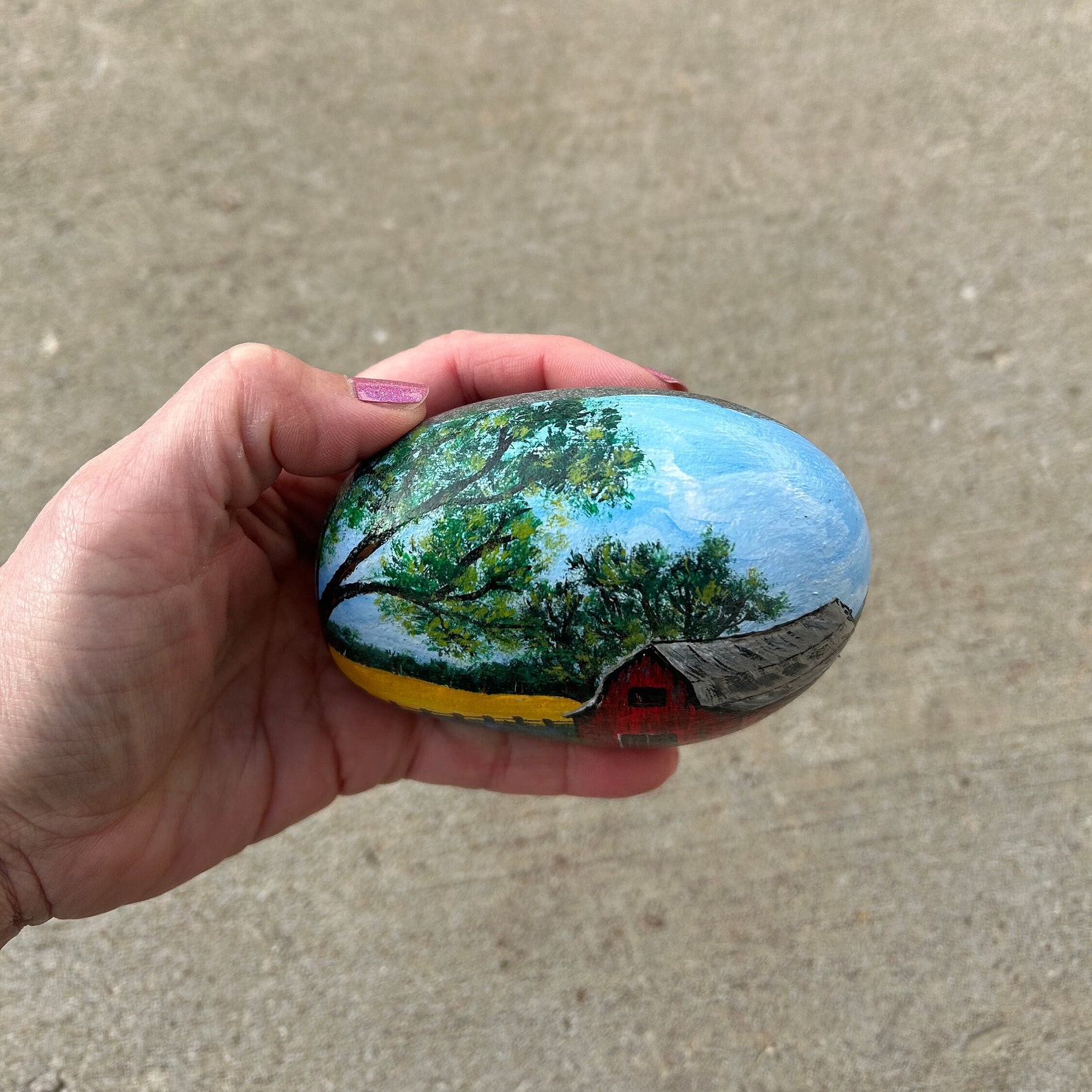 Country Landscape Painted Rock, Red Barn Painting, Door Stop, Painted ...