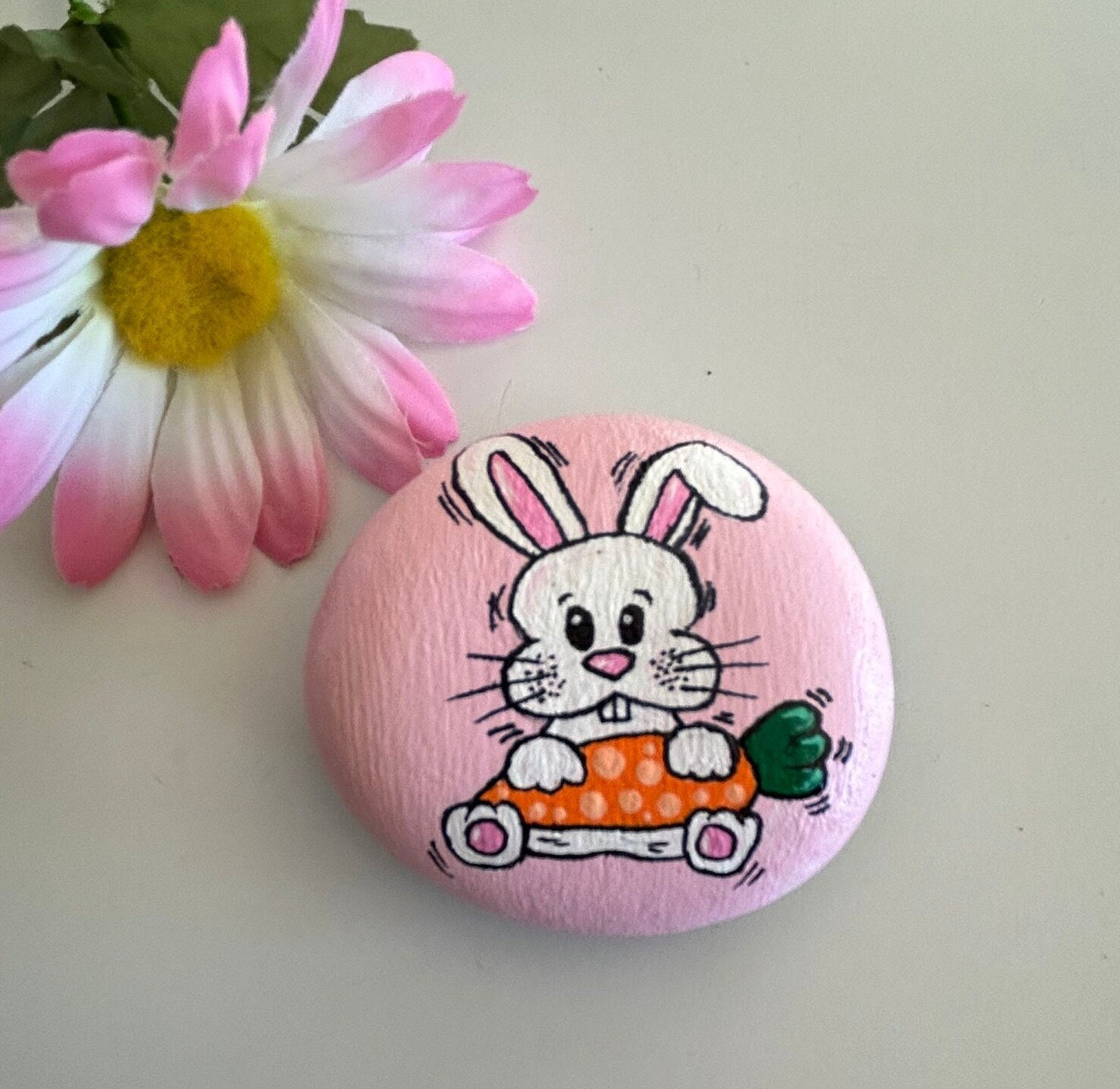Bunny Painted Rock, Easter Bunny Hand Painted Rock, Bunny With Carrot ...