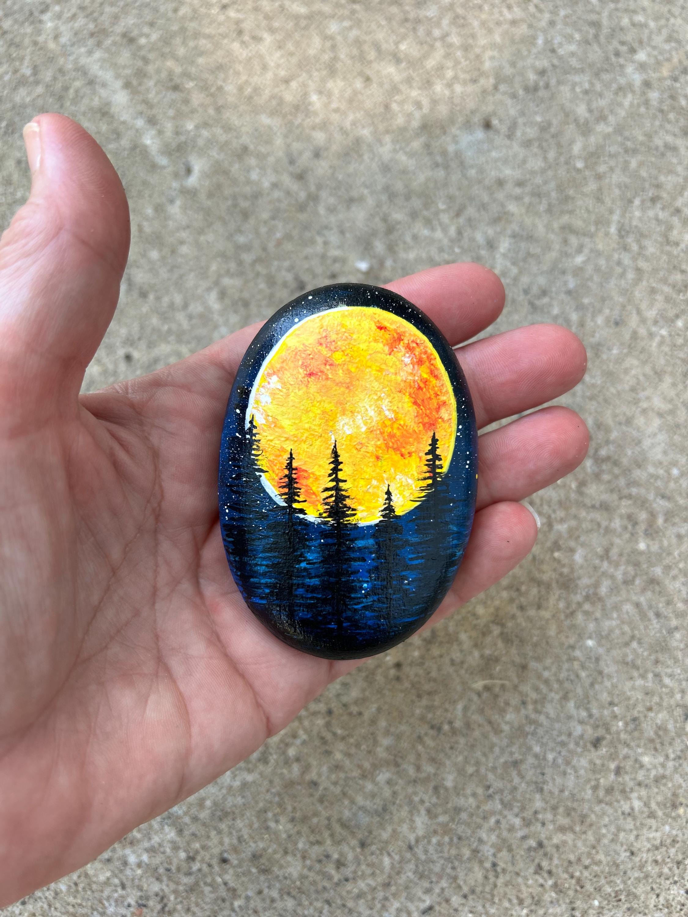 Full Moon Painted Rock, Rock Art, Hand Painted Rocks, Fall Painting ...