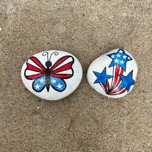 Set of 2 Patriotic Hand Painted Rocks, 4th of July Rocks, Red White and ...