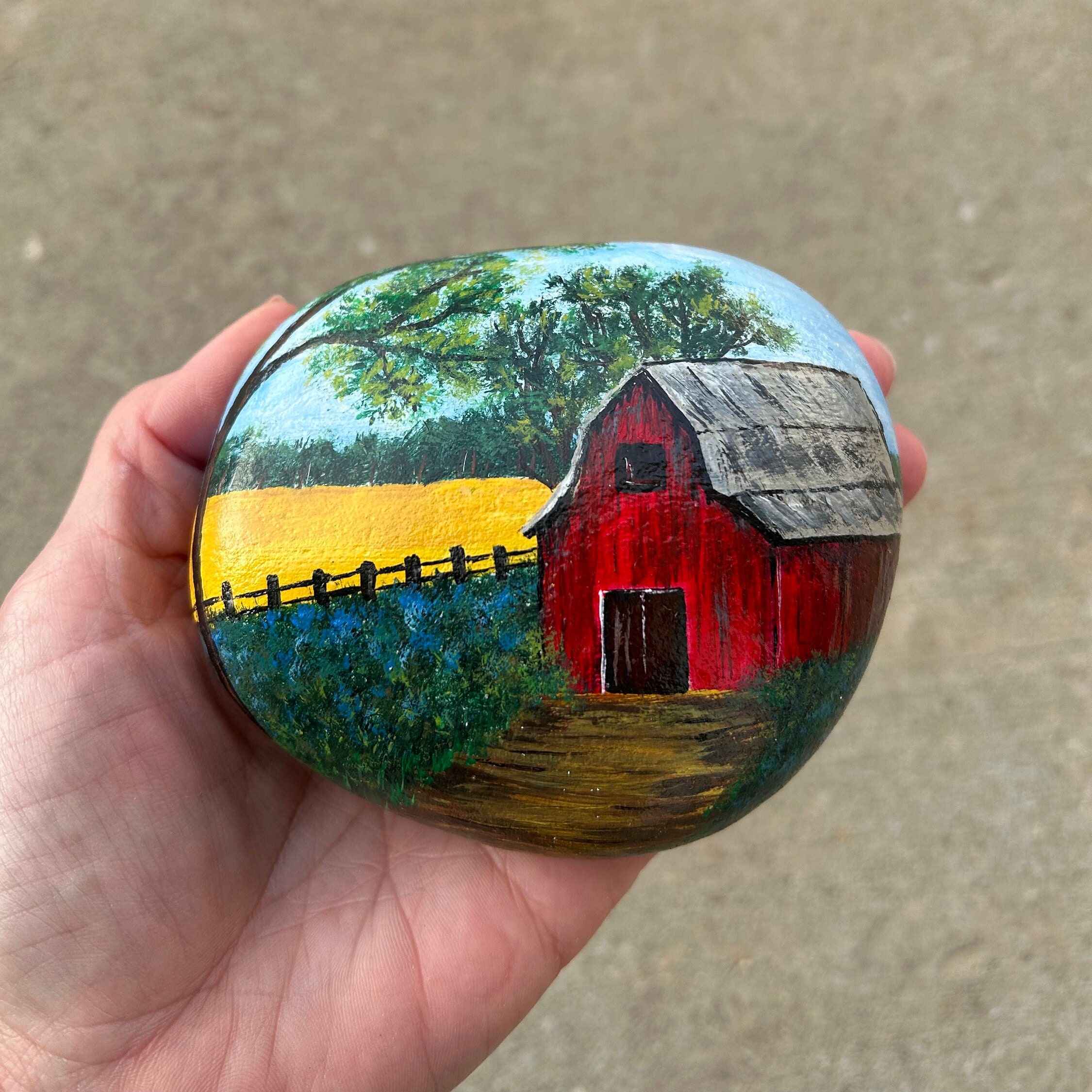 Country Landscape Painted Rock, Red Barn Painting, Door Stop, Painted ...