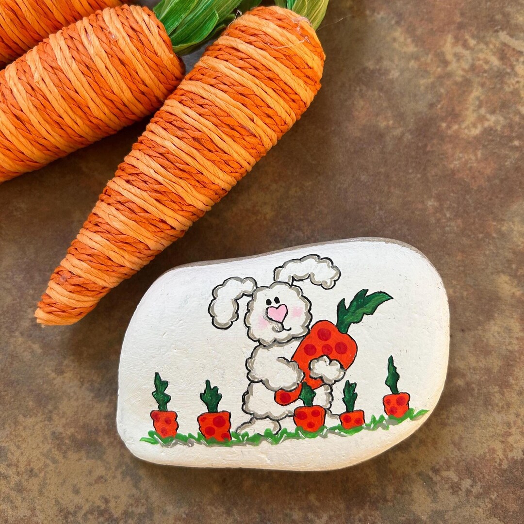 Bunny Painted Rock, Easter Bunny Hand Painted Rock, Bunny With Carrots ...