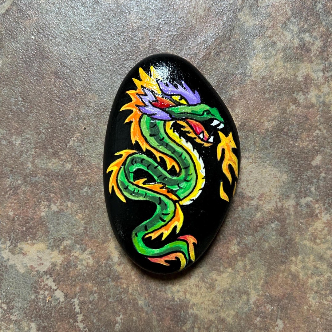 Dragon Hand Painted Rock, Colorful Fire-breathing Dragon Painting, Rock ...