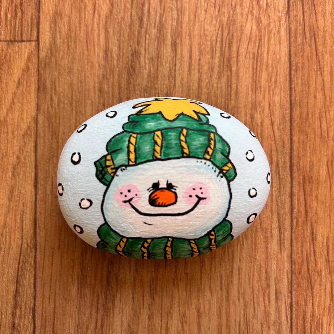 Snowman Painted Rock, Hand Painted Snowman, Green and Yellow Hat, Loves ...
