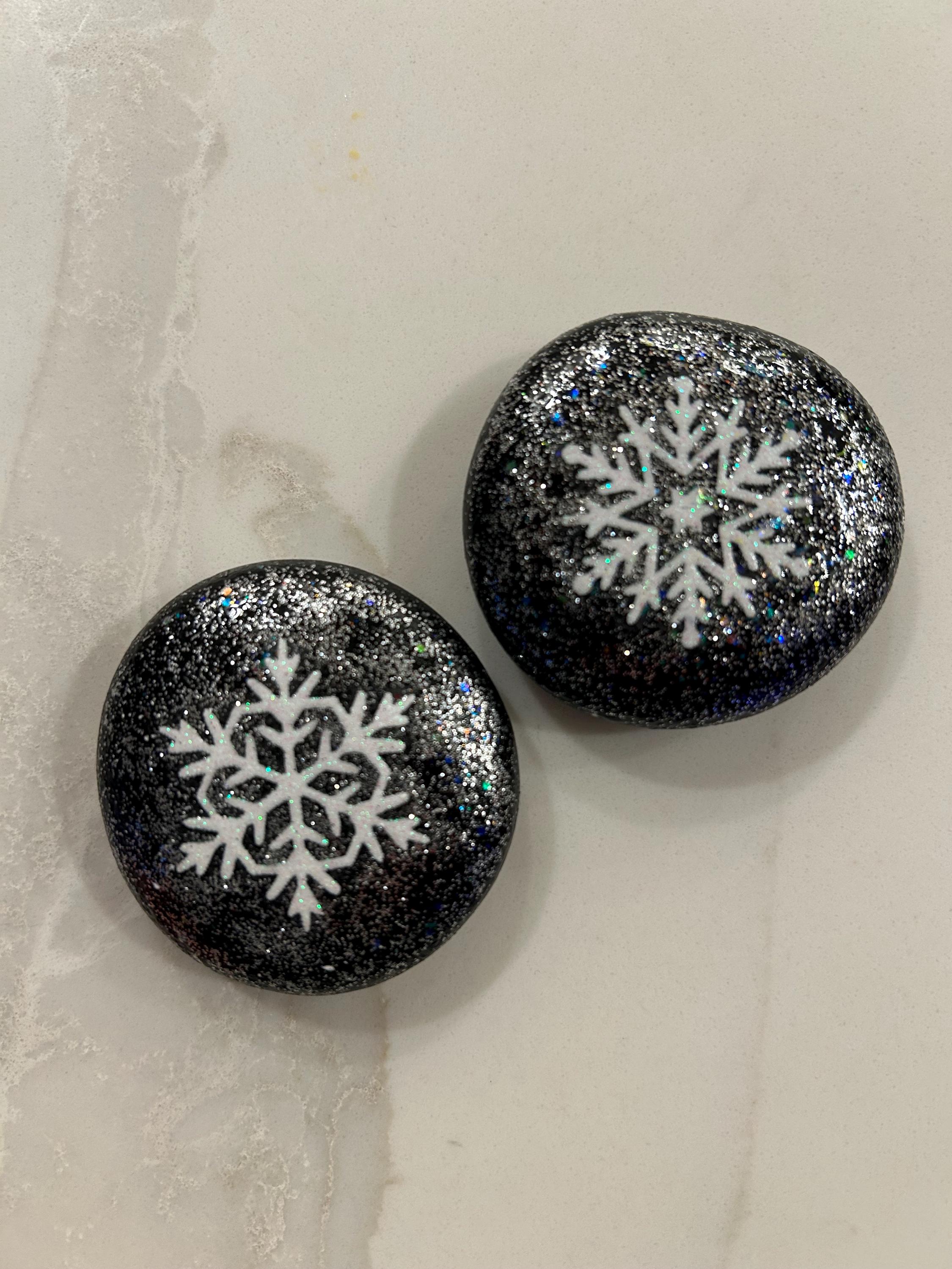 Set of Snowflake Rocks, Glitter Rocks, Painted Rocks, Rock Art, Unique ...
