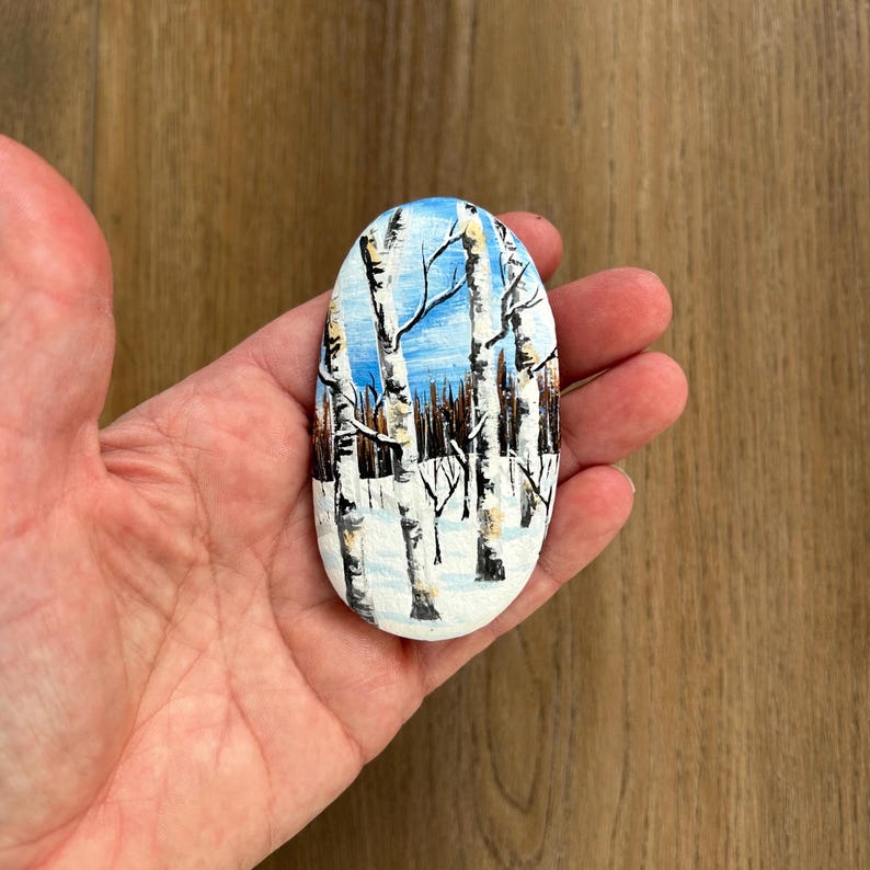 Birch Bark Painted Rock, Hand Painted Birch Trees, Birch Tree Scenery ...