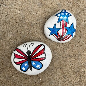 Set of 2 Patriotic Hand Painted Rocks, 4th of July Rocks, Red White and ...