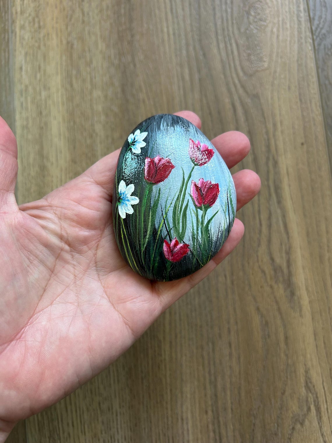 Tulips Painting, Hand Painted Spring Flowers, Red Tulip Painting, Rock ...