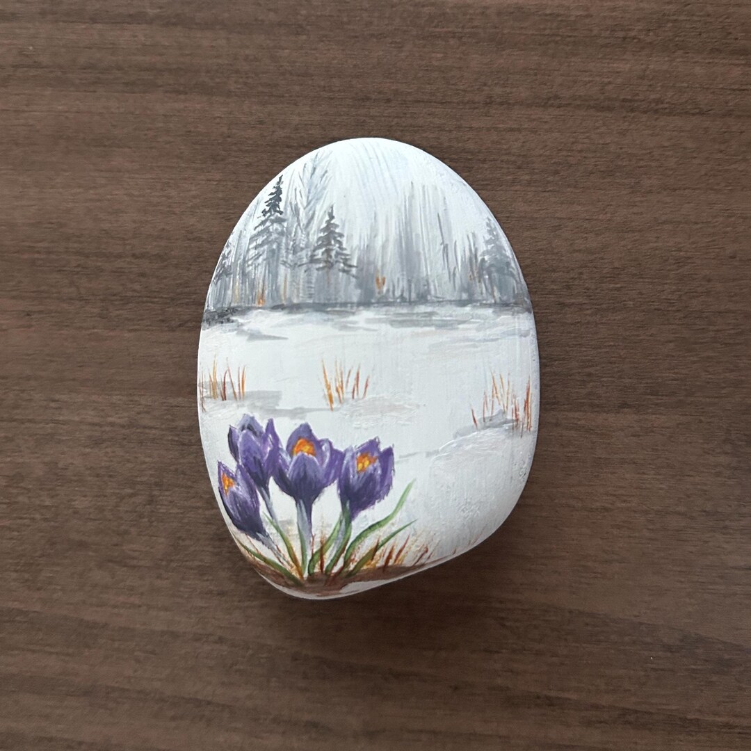 Crocuses in Snow Painted Rock, Hand Painted Rock, Rock Art, Winter ...